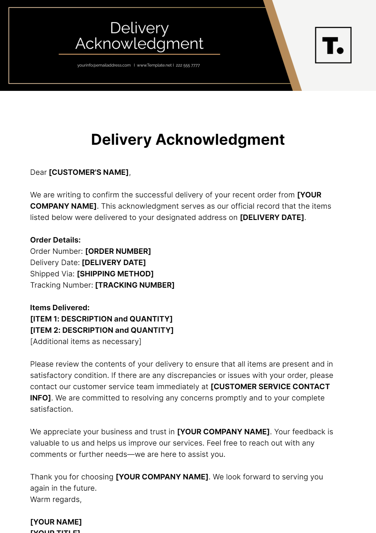 Free Delivery Acknowledgment Template - Edit Online & Download | Template.net
