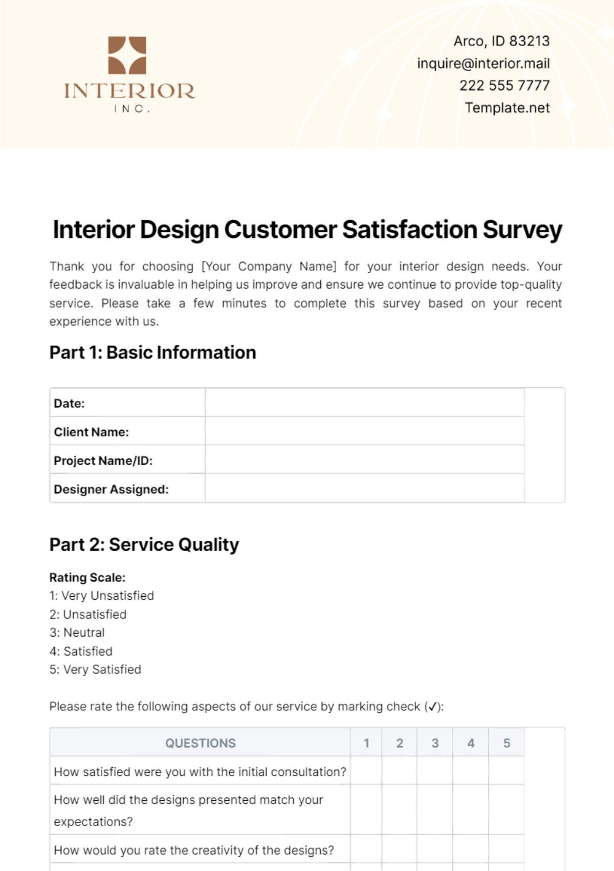 Interior Design Customer Satisfaction Survey Template Edit Online