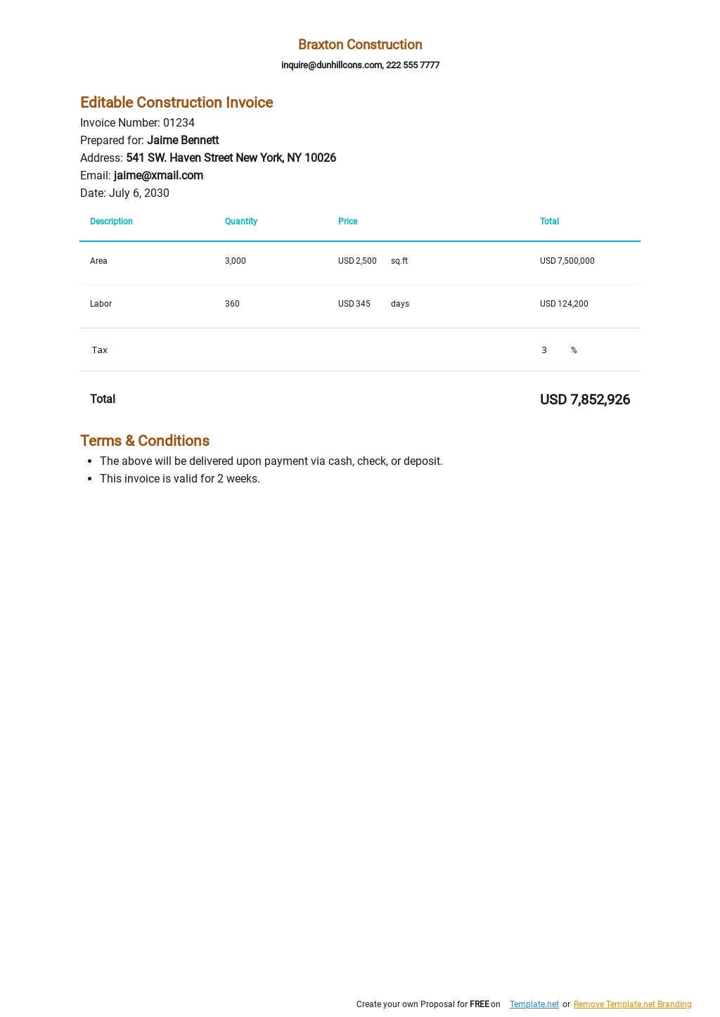 Editable Construction Invoice Template
