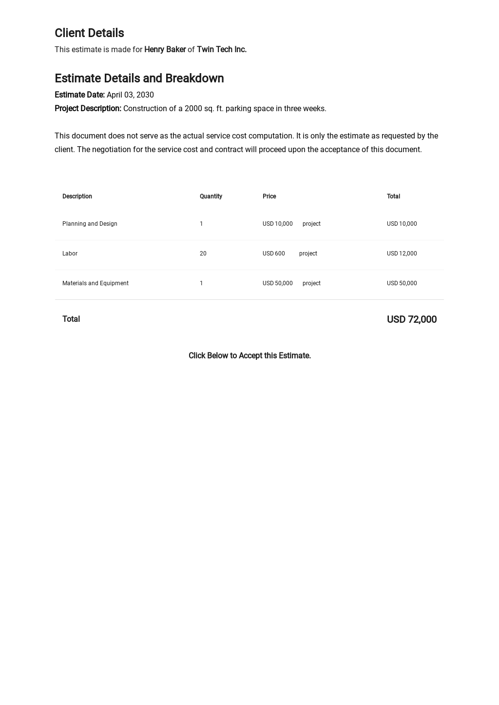 Blank Construction Estimate Template [Free PDF] - Word | Apple Pages