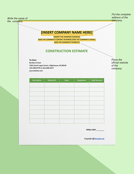 Editable Construction Estimate Template - Google Docs, Word, Apple ...