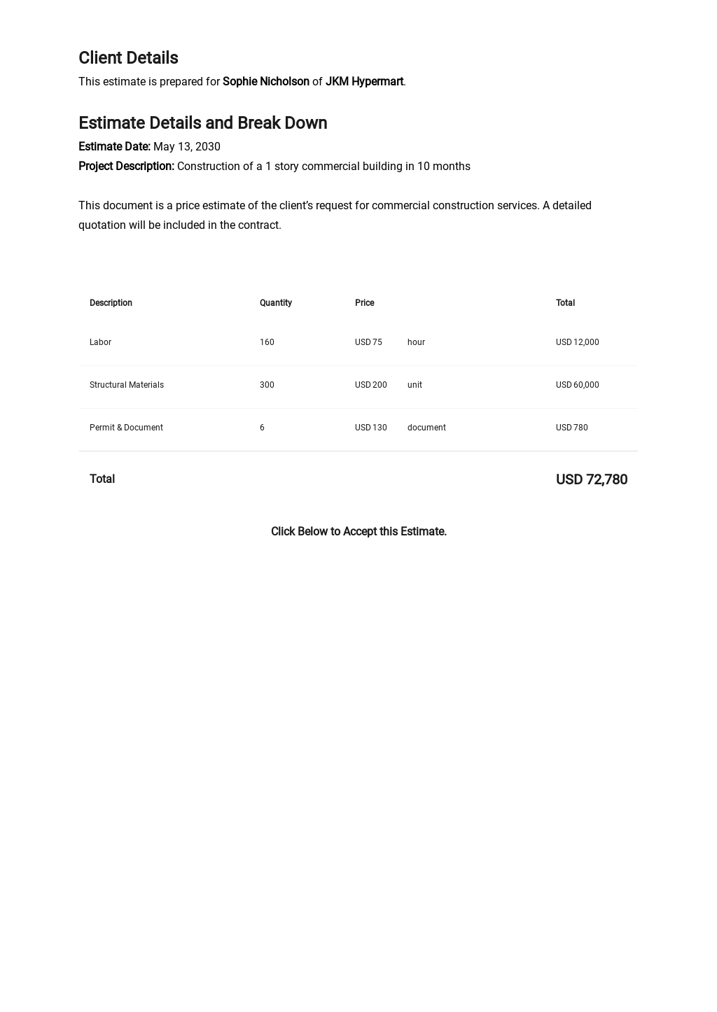 Editable Construction Estimate Template - Google Docs, Word, Apple ...
