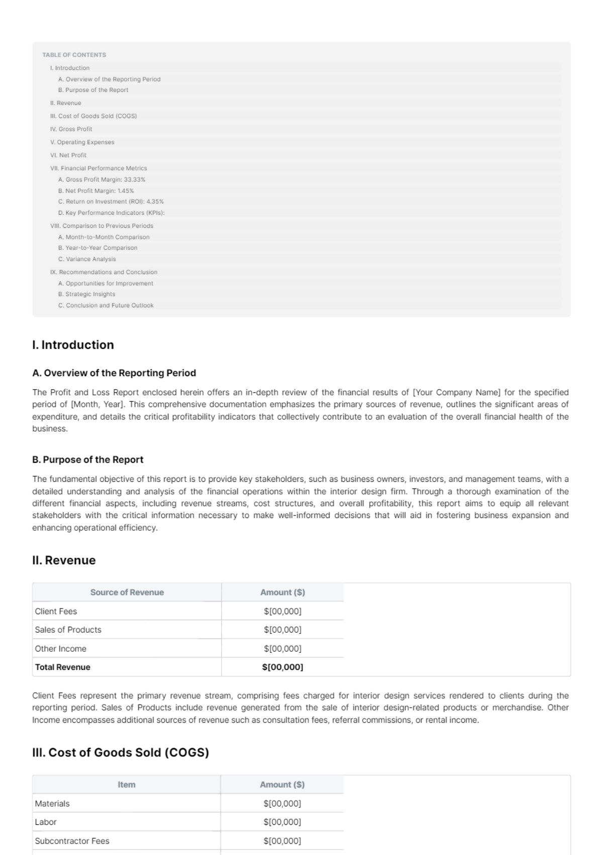 Interior Design Profit and Loss Report Template - Edit Online ...