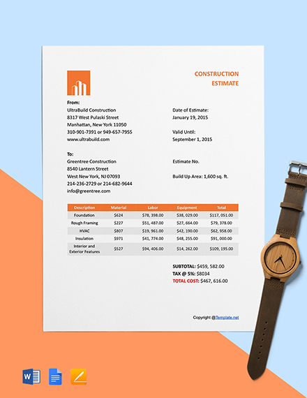 FREE Custom Construction Estimate Template Word Excel Pages 