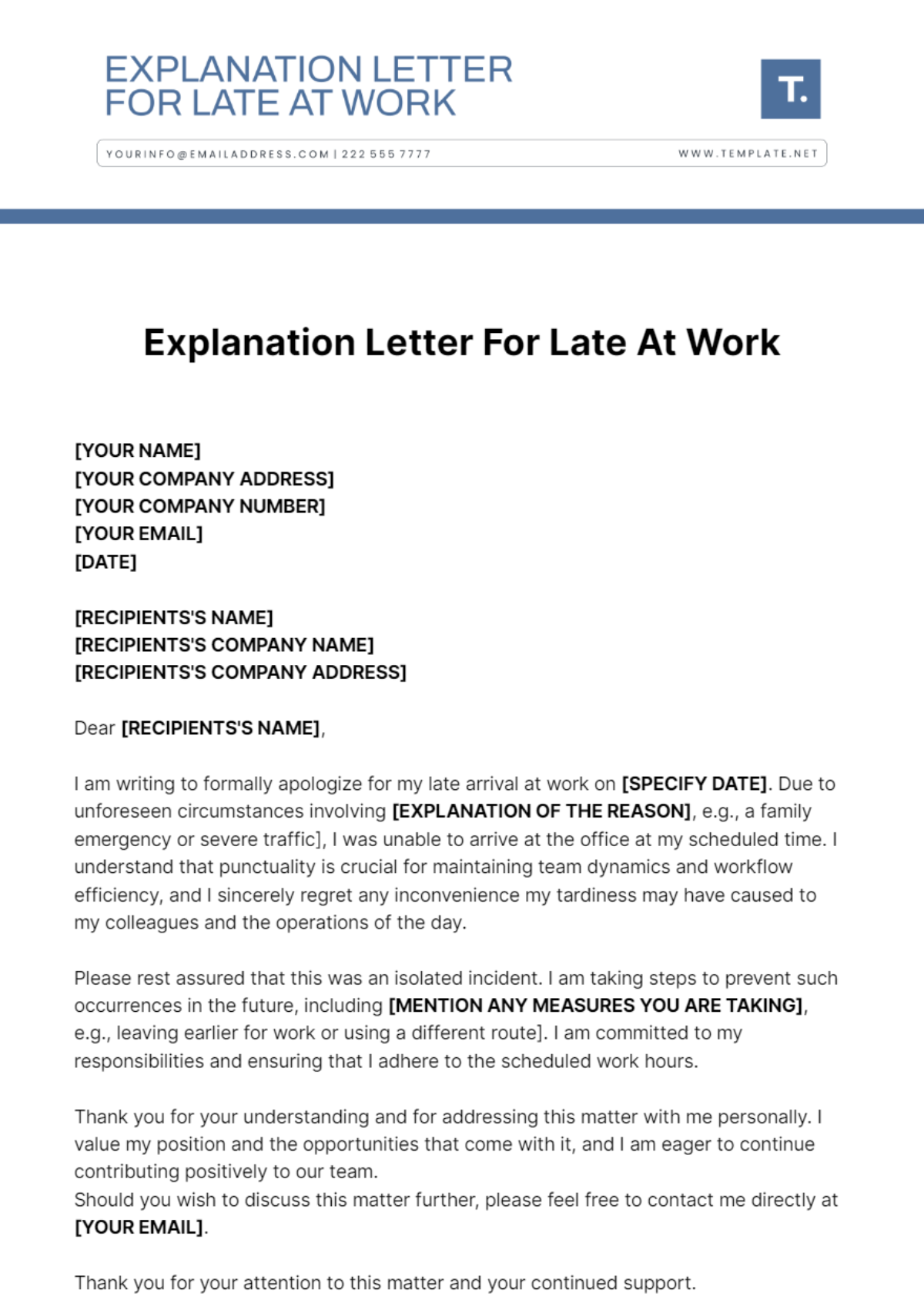 Free Explanation Letter For Late At Work Template To Edit Online