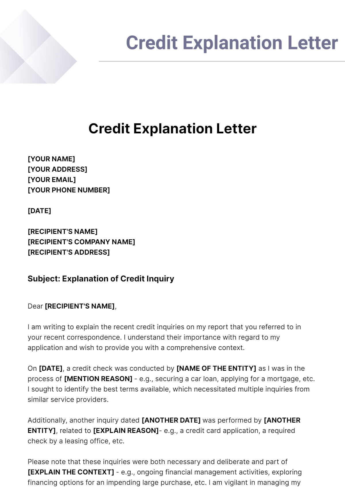 Letter Of Explanation For Derogatory Credit Template Pdf Infoupdate