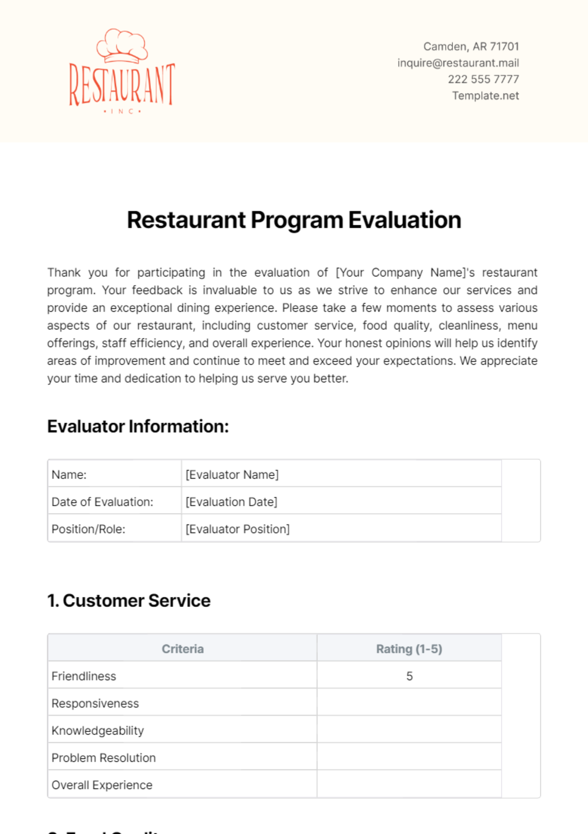 Free Evaluation Templates To Edit Online Print
