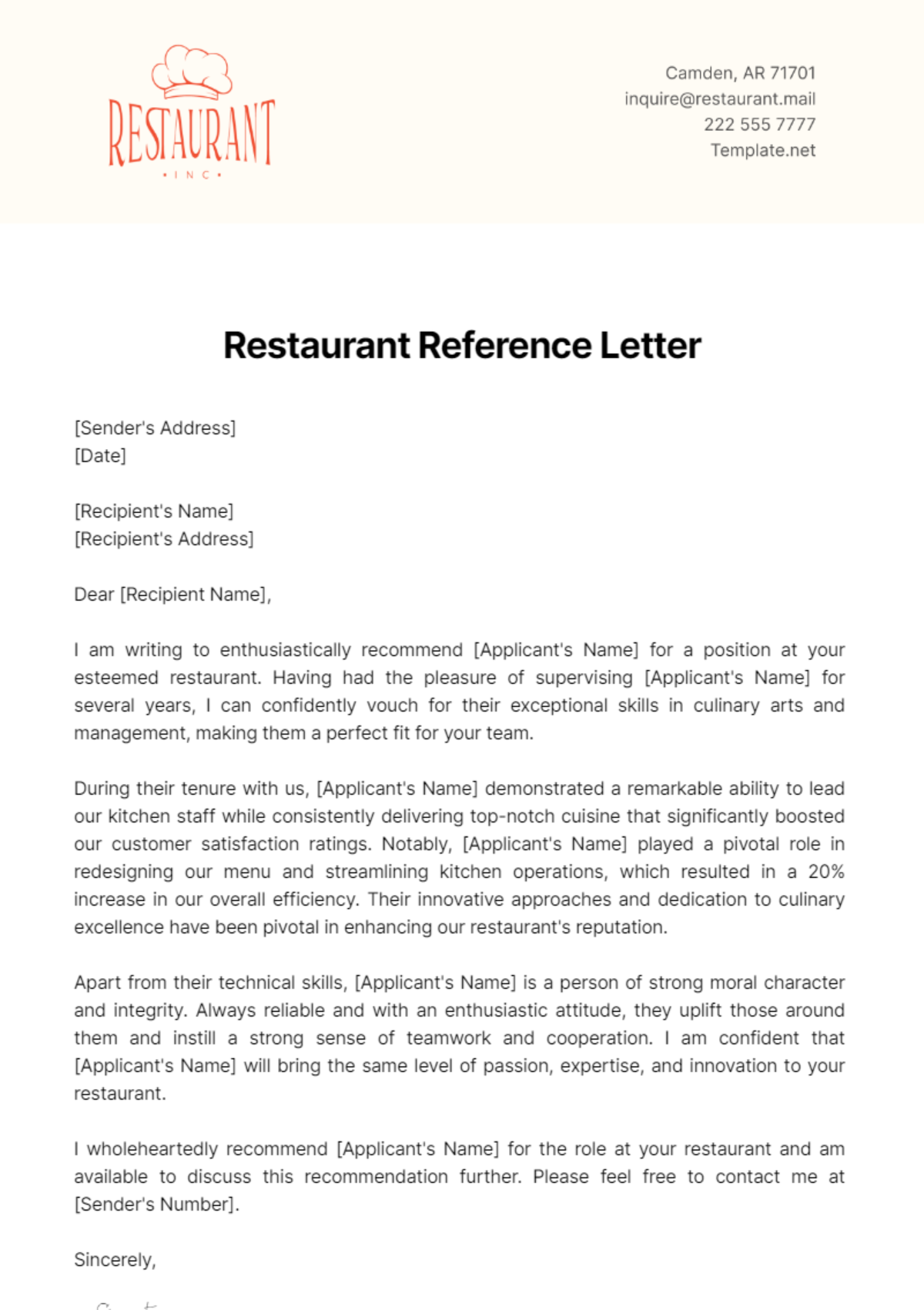 Free Restaurant Reference Letter Template To Edit Online