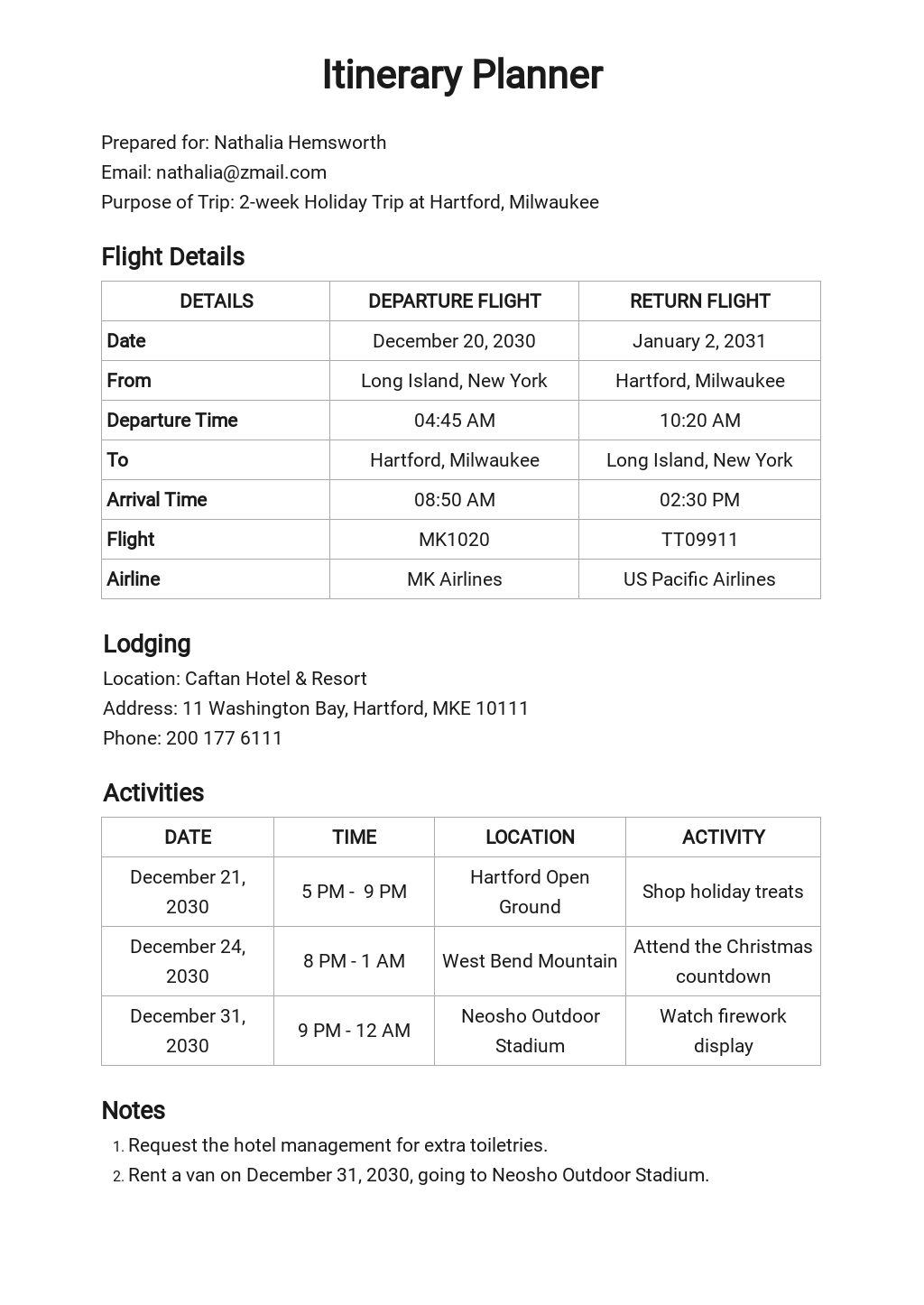 Printable Itinerary Template Free