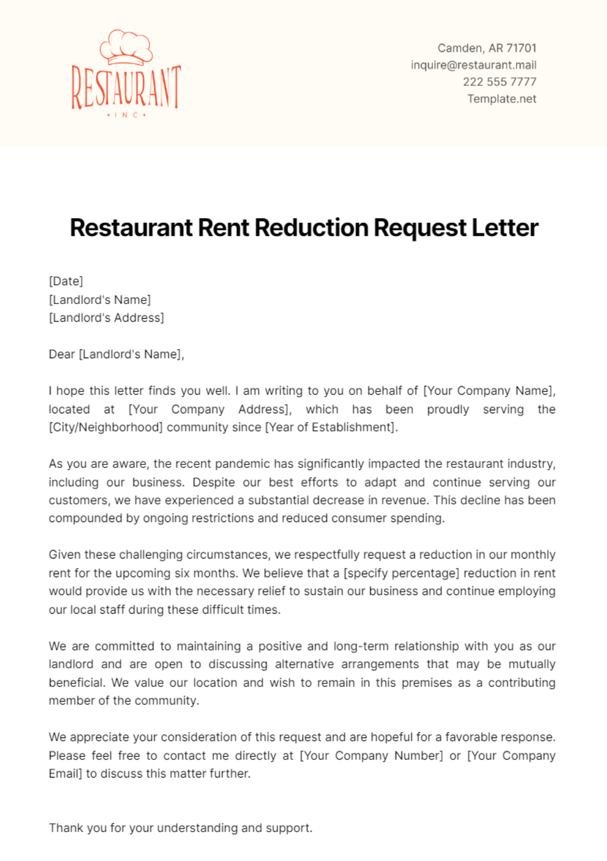 Restaurant Rent Reduction Request Letter Template - Edit Online & Download Example | Template.net