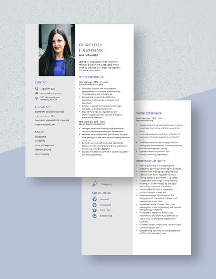 Mine Manager Resume Template - Word, Apple Pages | Template.net