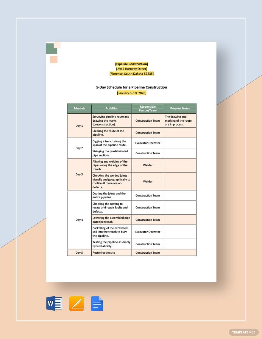 5 day Construction Project Schedule Template Google Sheets Excel Word Apple Numbers Apple 