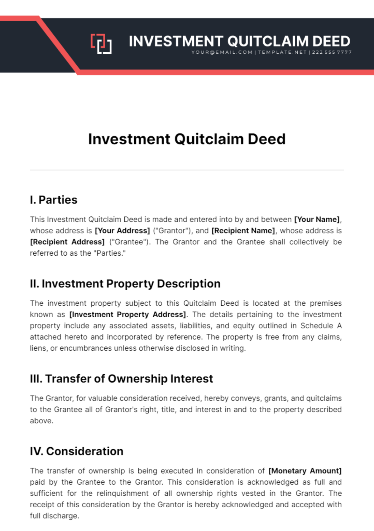 Investment Quitclaim Deed Template - Edit Online & Download Example | Template.net