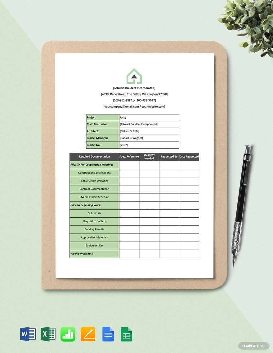 Construction Documentation Tracker Template Google Docs Google 