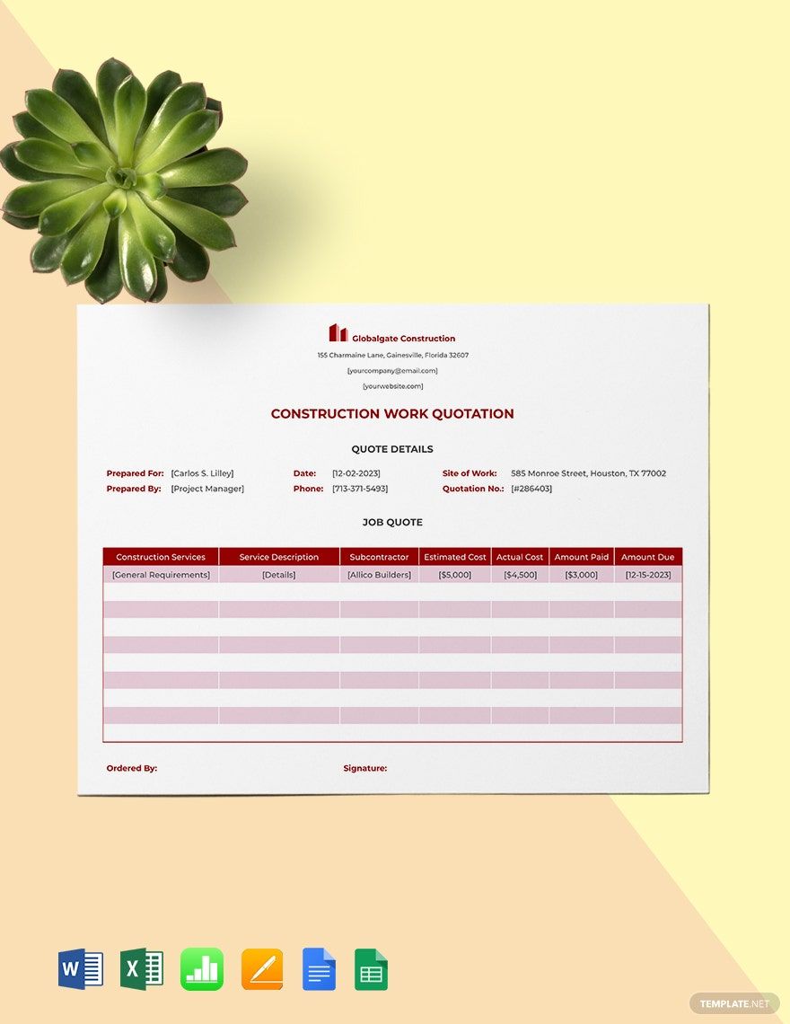 Construction Company Quotation Template - Google Docs, Google Sheets, Excel, Word, Apple Numbers ...