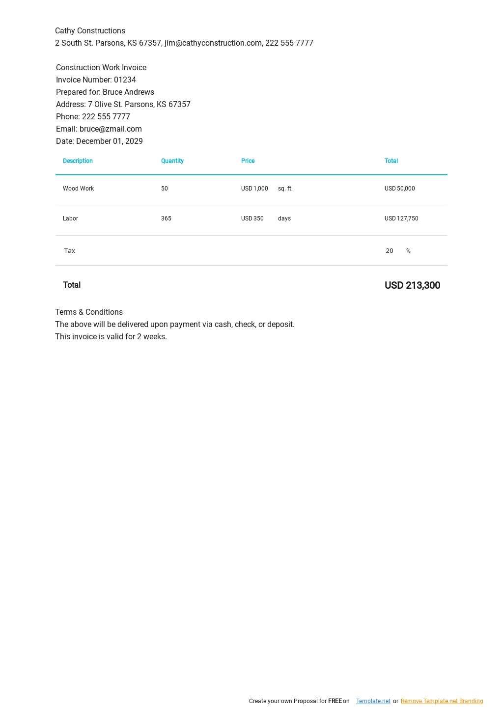 Construction Work Invoice Template