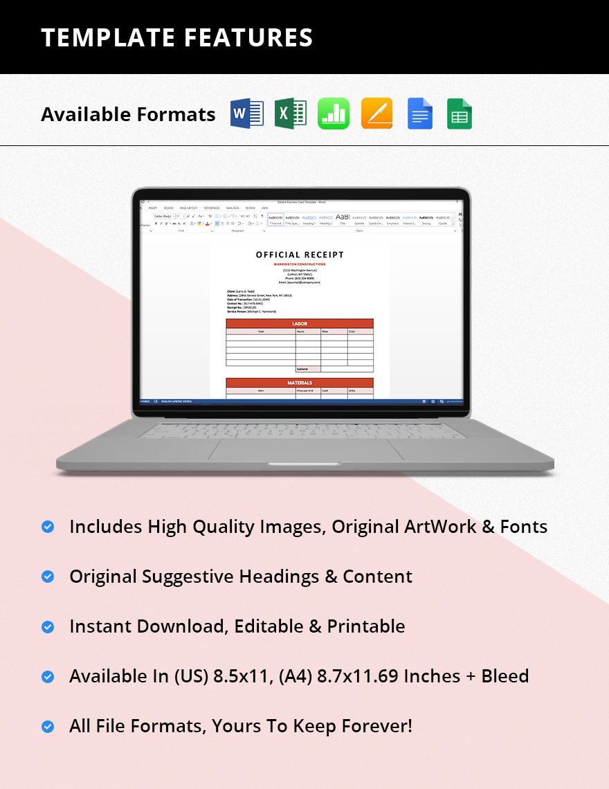 Building Construction Receipt Template - Google Docs, Google Sheets ...