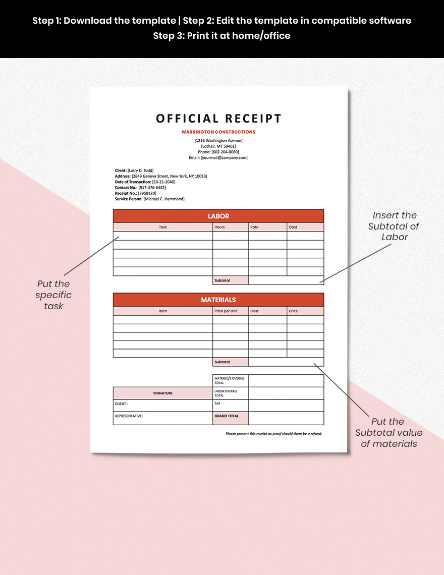 Building Construction Receipt Template - Google Docs, Google Sheets ...
