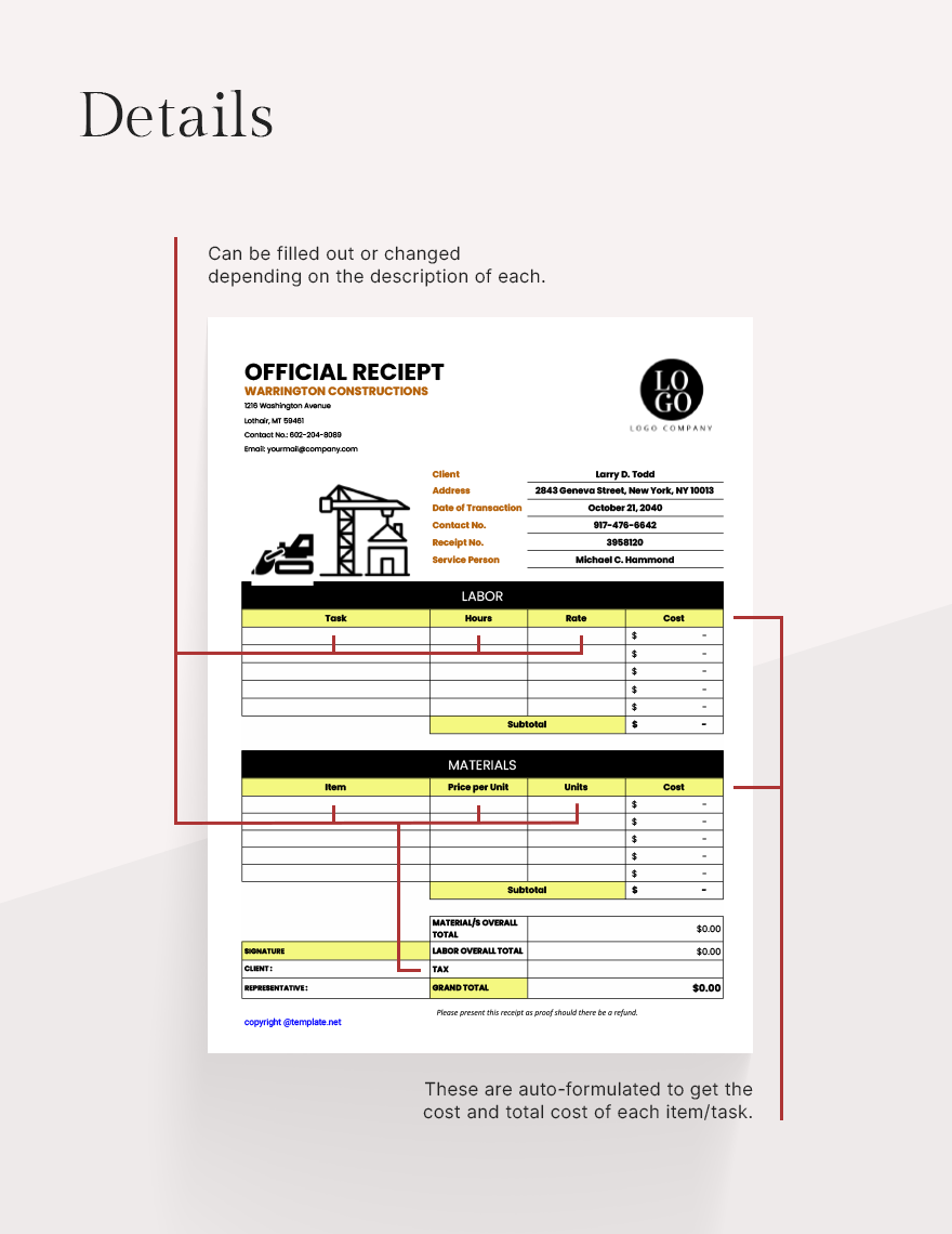 Building Construction Receipt Template - Google Docs, Google Sheets ...