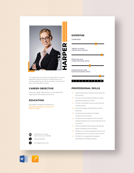 Free Application DBA Resume - Download in Word, Apple Pages | Template.net