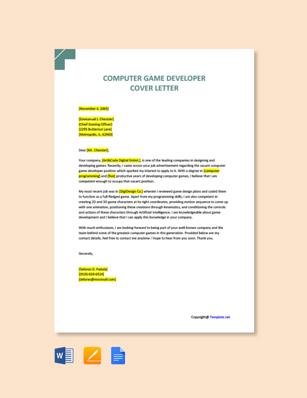 FREE Flash Game Developer Cover Letter Template in Google Docs, Word ...
