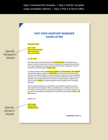 Fast Food Assistant Manager Cover Letter Template - Google Docs, Word ...
