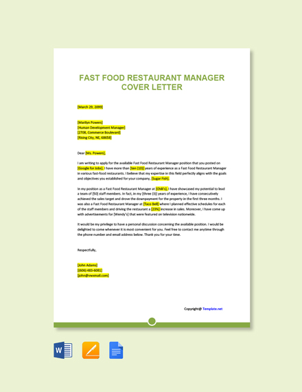 FREE Fast Food Cook Cover Letter - Word | Google Docs | Apple (MAC ...
