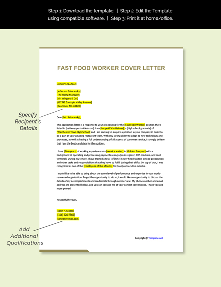 Fast Food Worker Cover Letter Template [Free PDF] - Google Docs, Word ...