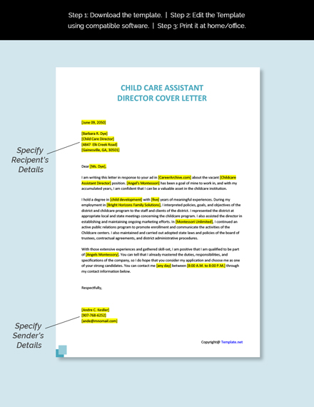 Child Care Assistant Director Cover Letter Template - Google Docs, Word ...
