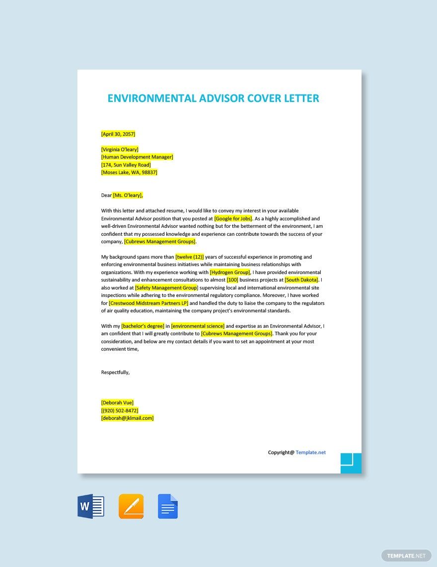 Free Environmental Health Officer Cover Letter Template - Google Docs ...