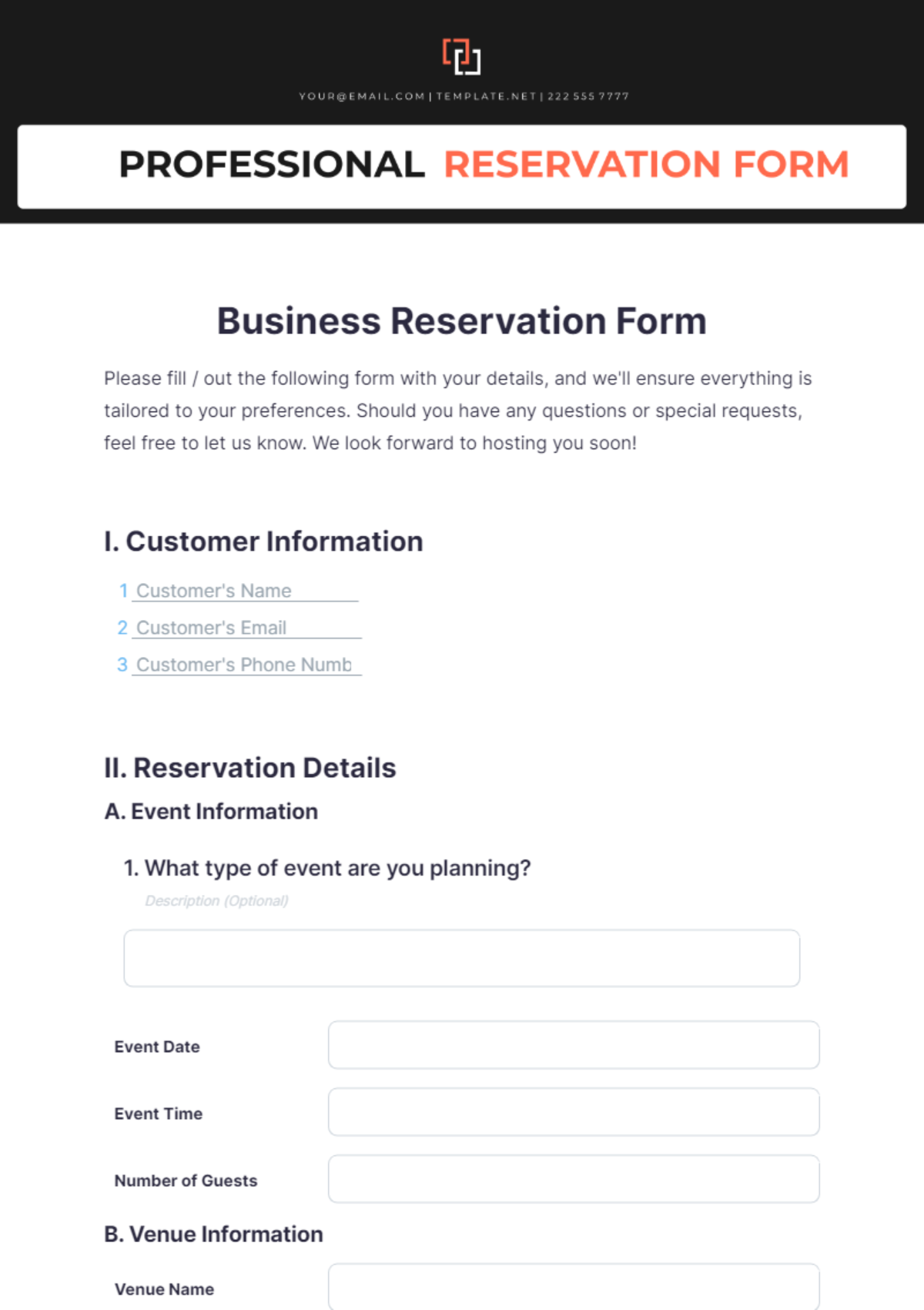 Business Reservation Form Template - Edit Online & Download Example ...