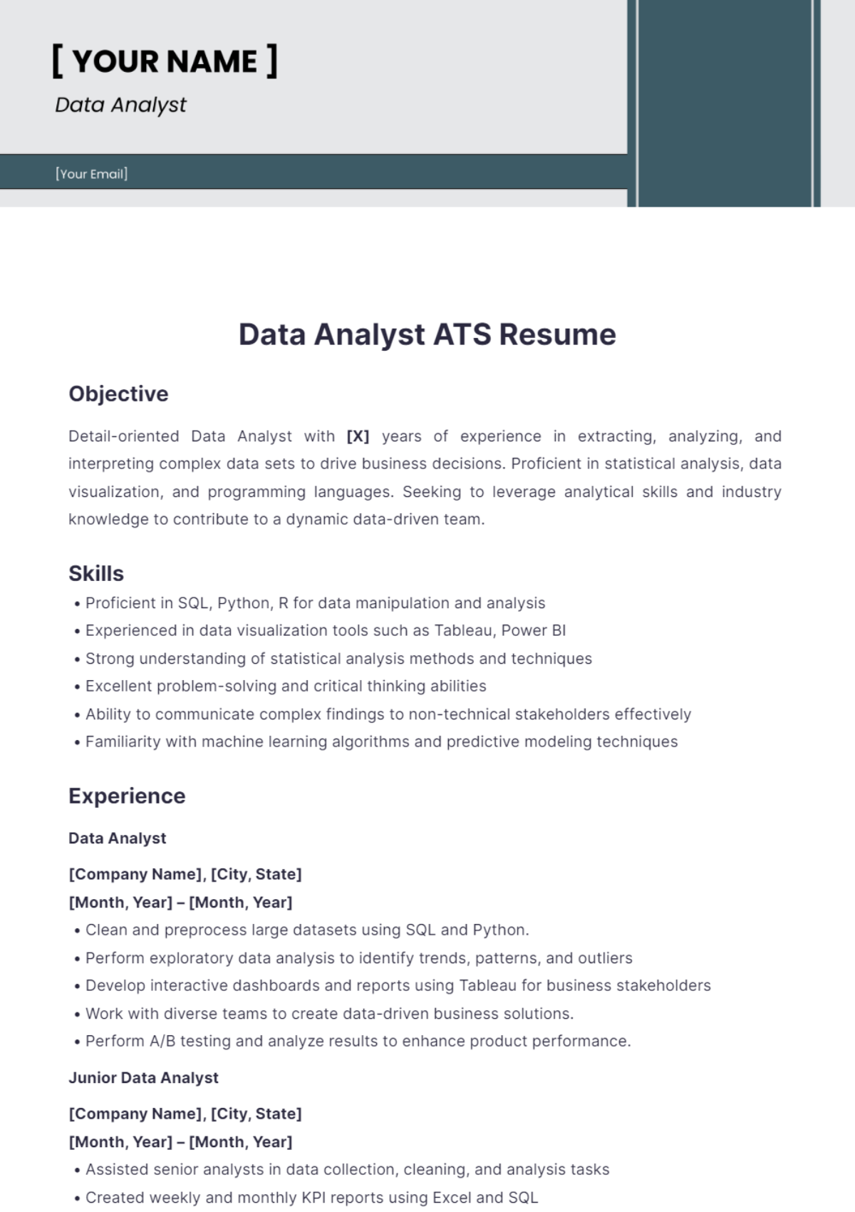Data Analyst ATS Resume Templates Edit Online Download Example Data Analyst ATS Resume Templates Edit Online Download Example