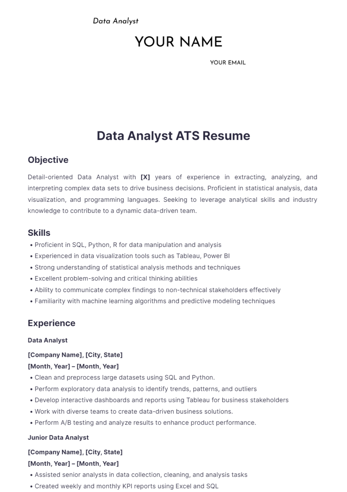 Free Data Analyst ATS Resume Template To Edit Online