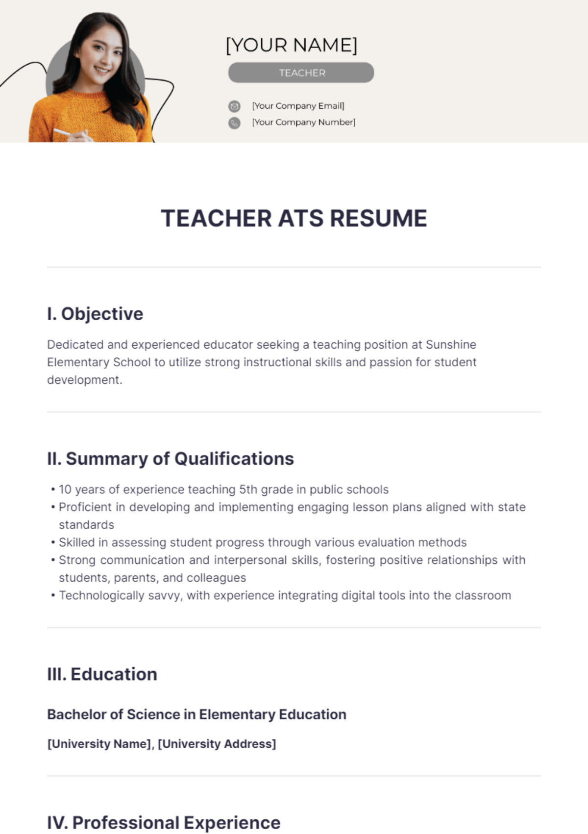 Teacher ATS Resume - Edit Online & Download Example | Template.net