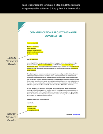 Communications Project Manager Cover Letter Template - Google Docs ...