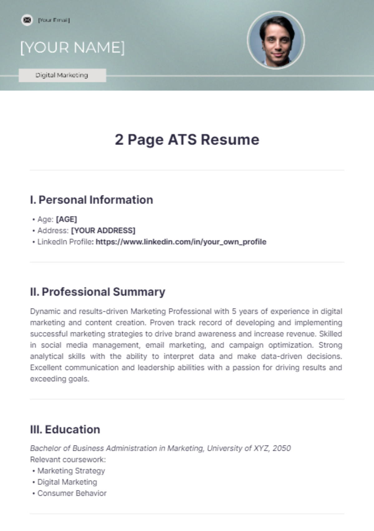 2 Page ATS Resume - Edit Online & Download Example | Template.net