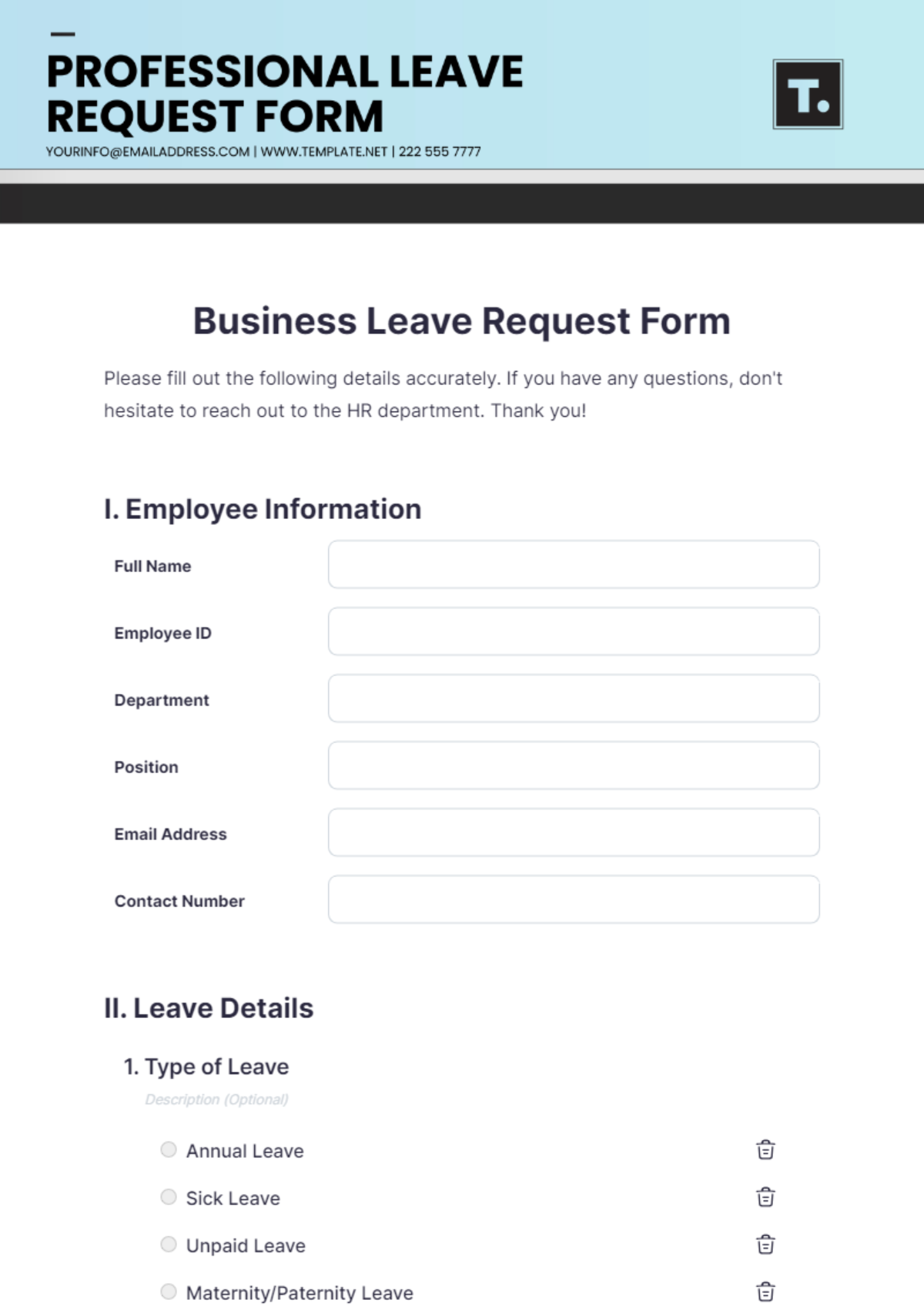 Business Leave Request Form Template - Edit Online & Download Example | Template.net