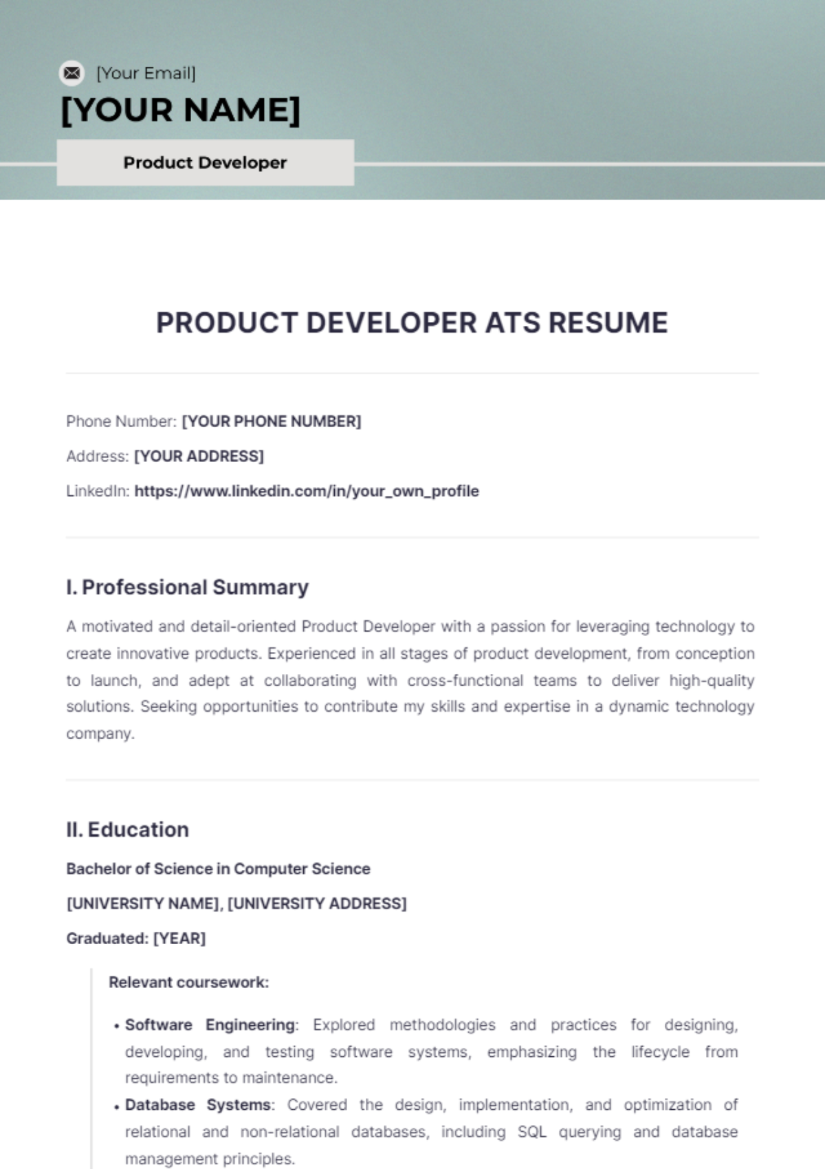 Product Developer ATS Resume Templates - Edit Online & Download Example ...