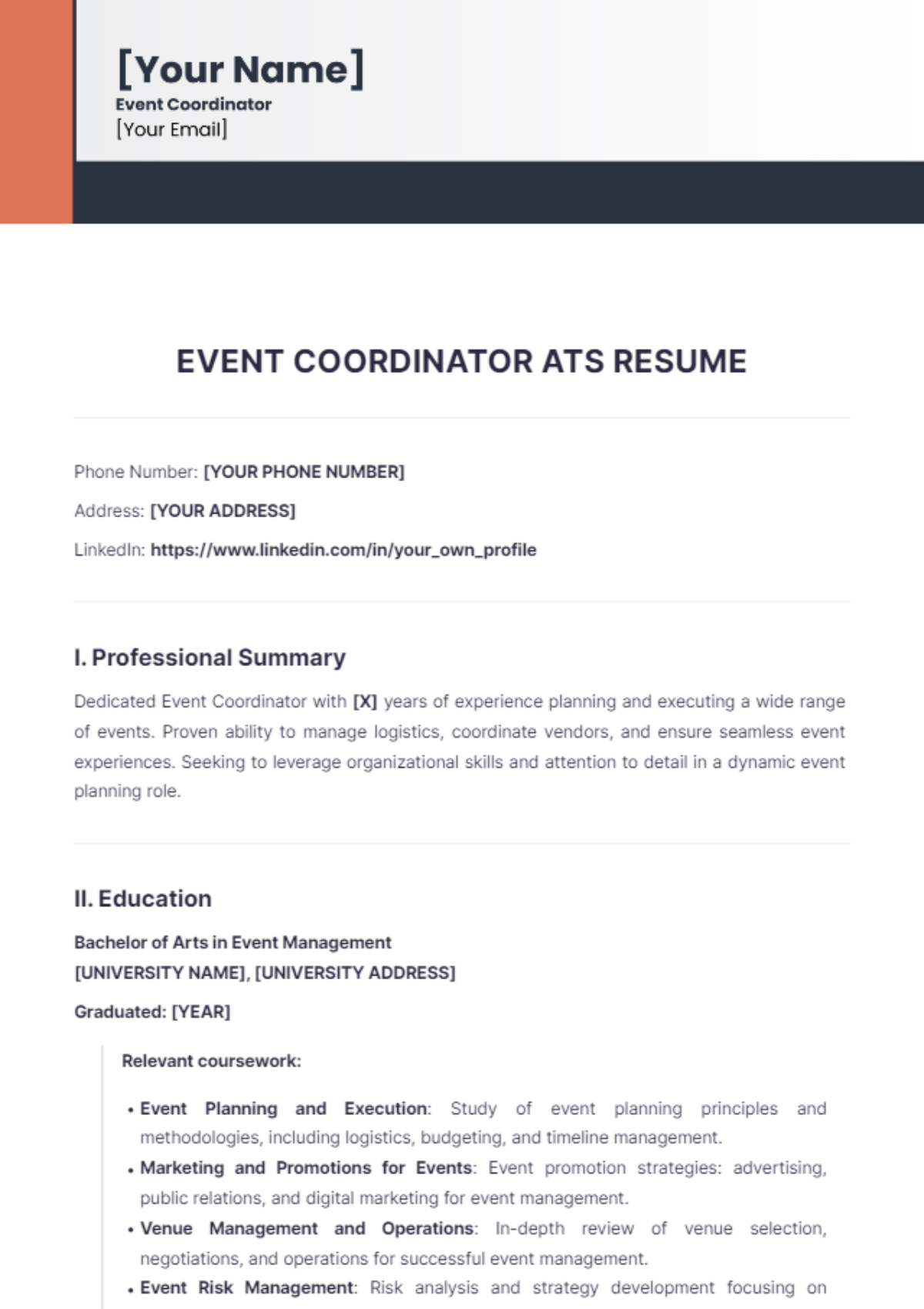 Event Coordinator ATS Resume Templates - Edit Online & Download Example ...