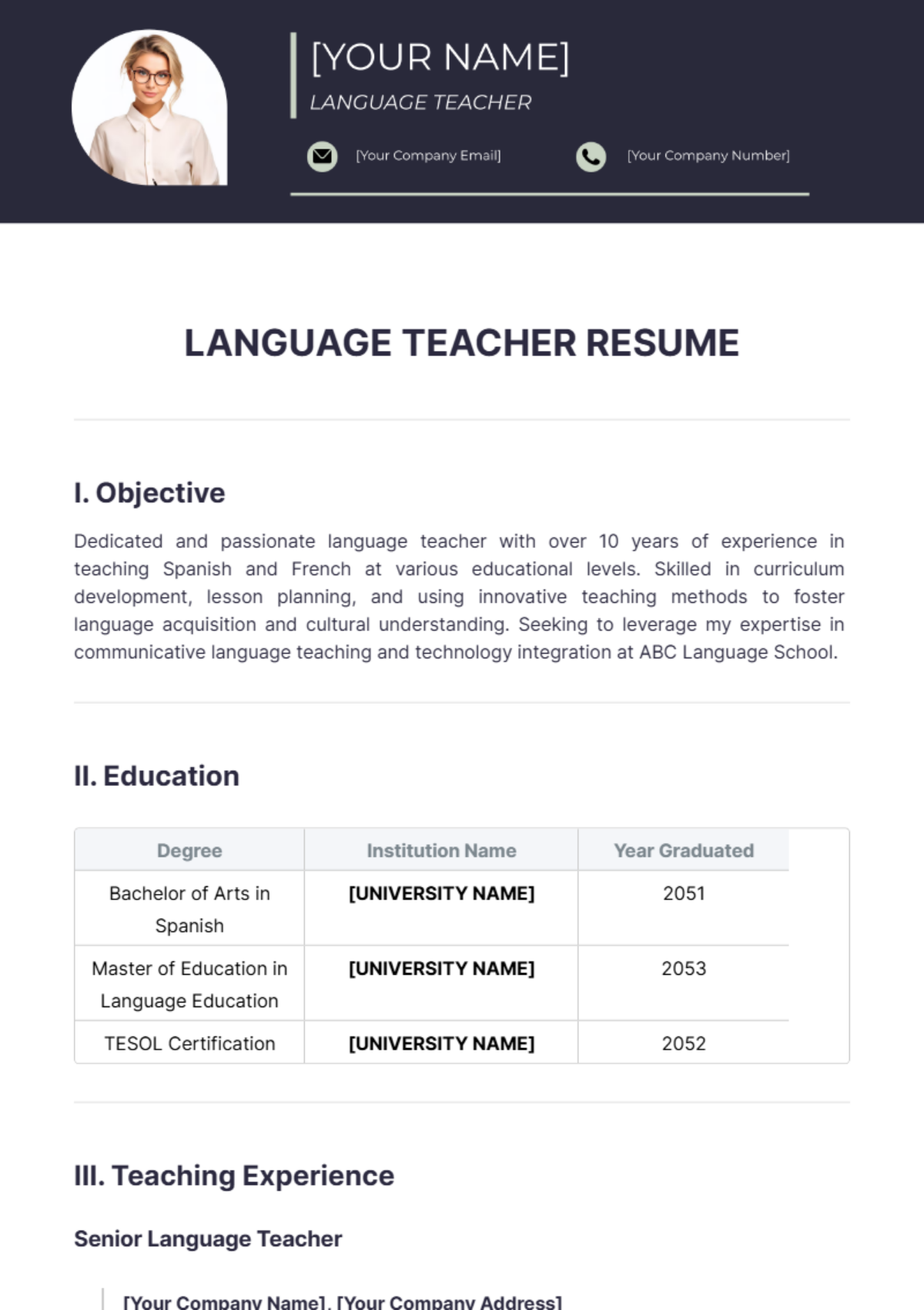 Language Teacher Resume - Edit Online & Download Example | Template.net