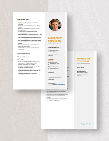 Medical Records Assistant Resume Template - Word, Apple Pages ...