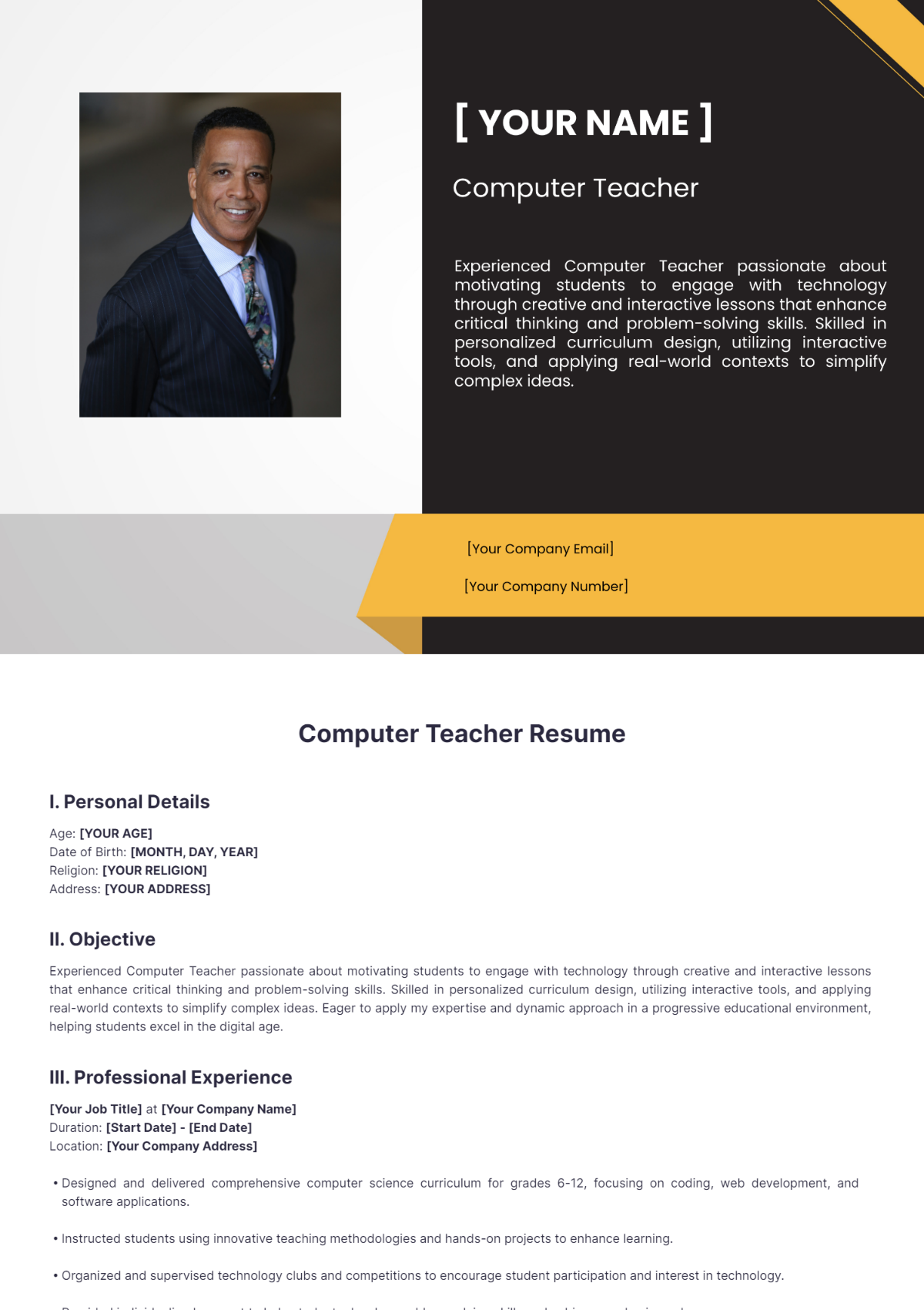 Computer Teacher Resume - Edit Online & Download Example | Template.net