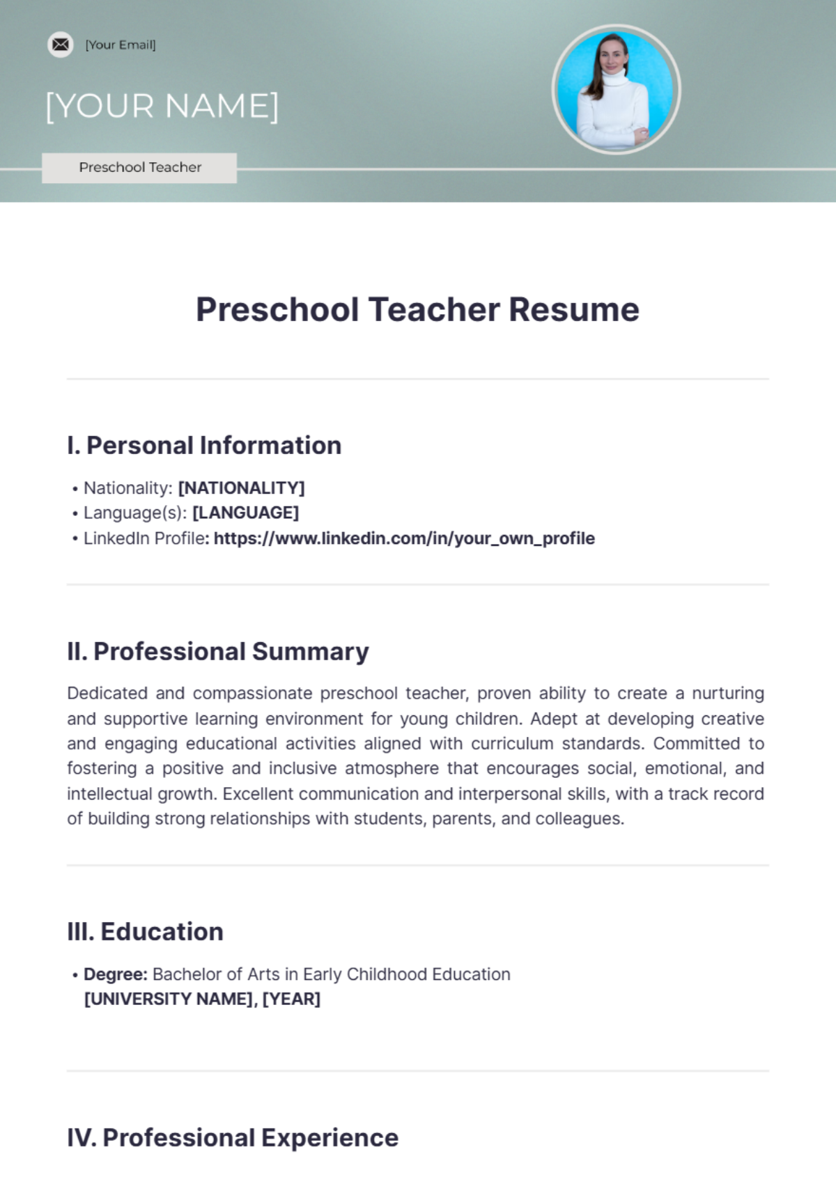 Preschool Teacher Resume - Edit Online & Download Example | Template.net