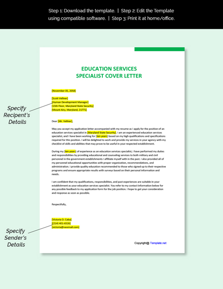 Education Services Specialist Cover Letter Template - Google Docs, Word ...