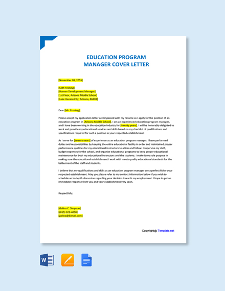 Free Education Program Manager Cover Letter Template Google Docs 
