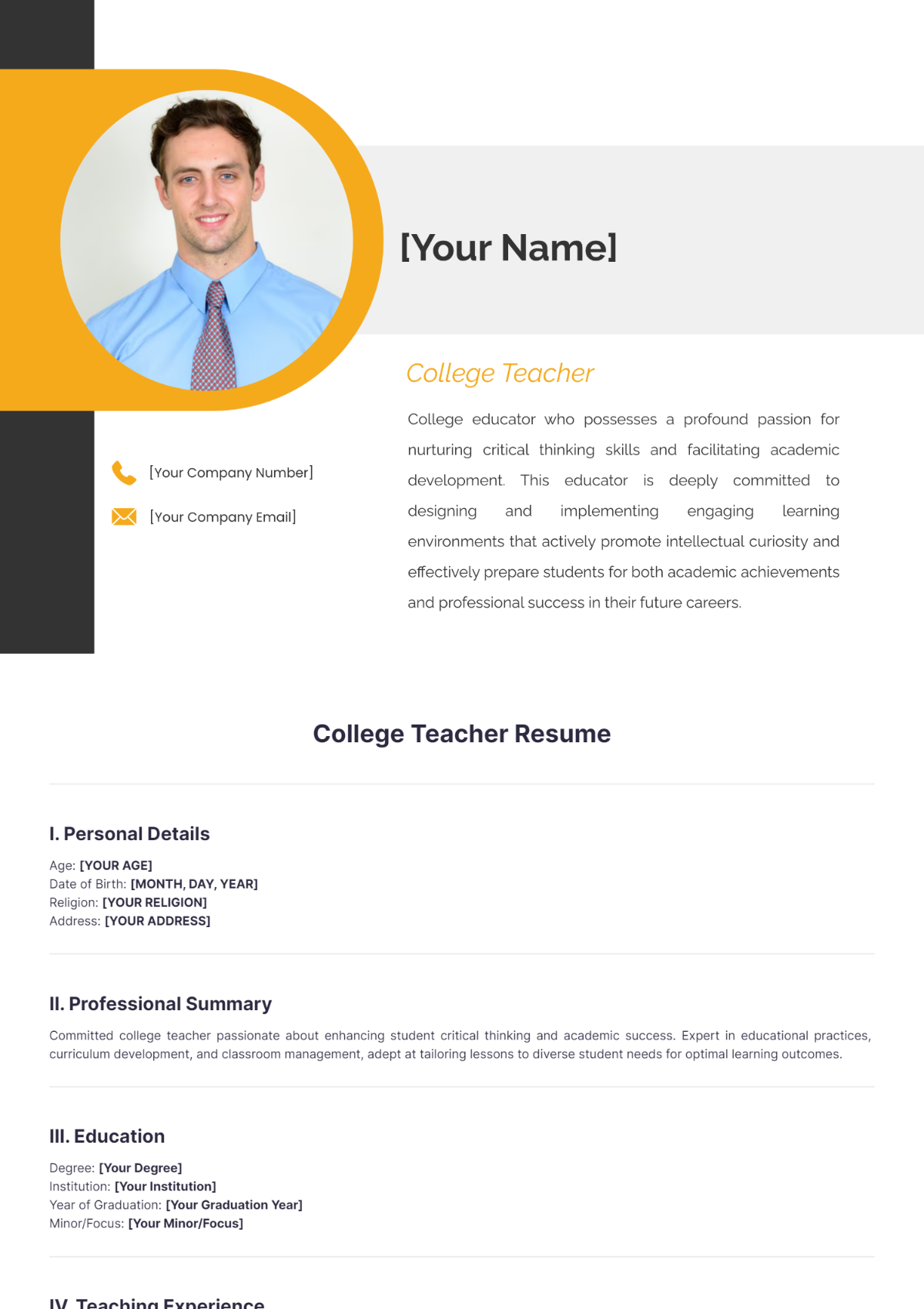 College Teacher Resume - Edit Online & Download Example | Template.net