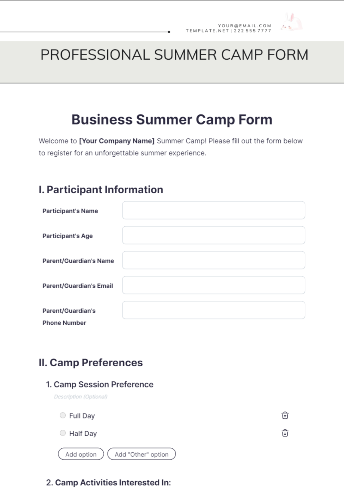 Business Summer Camp Form Template - Edit Online & Download Example ...