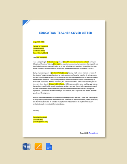 Free Secondary School Teacher Cover Letter Template - Google Docs, Word ...