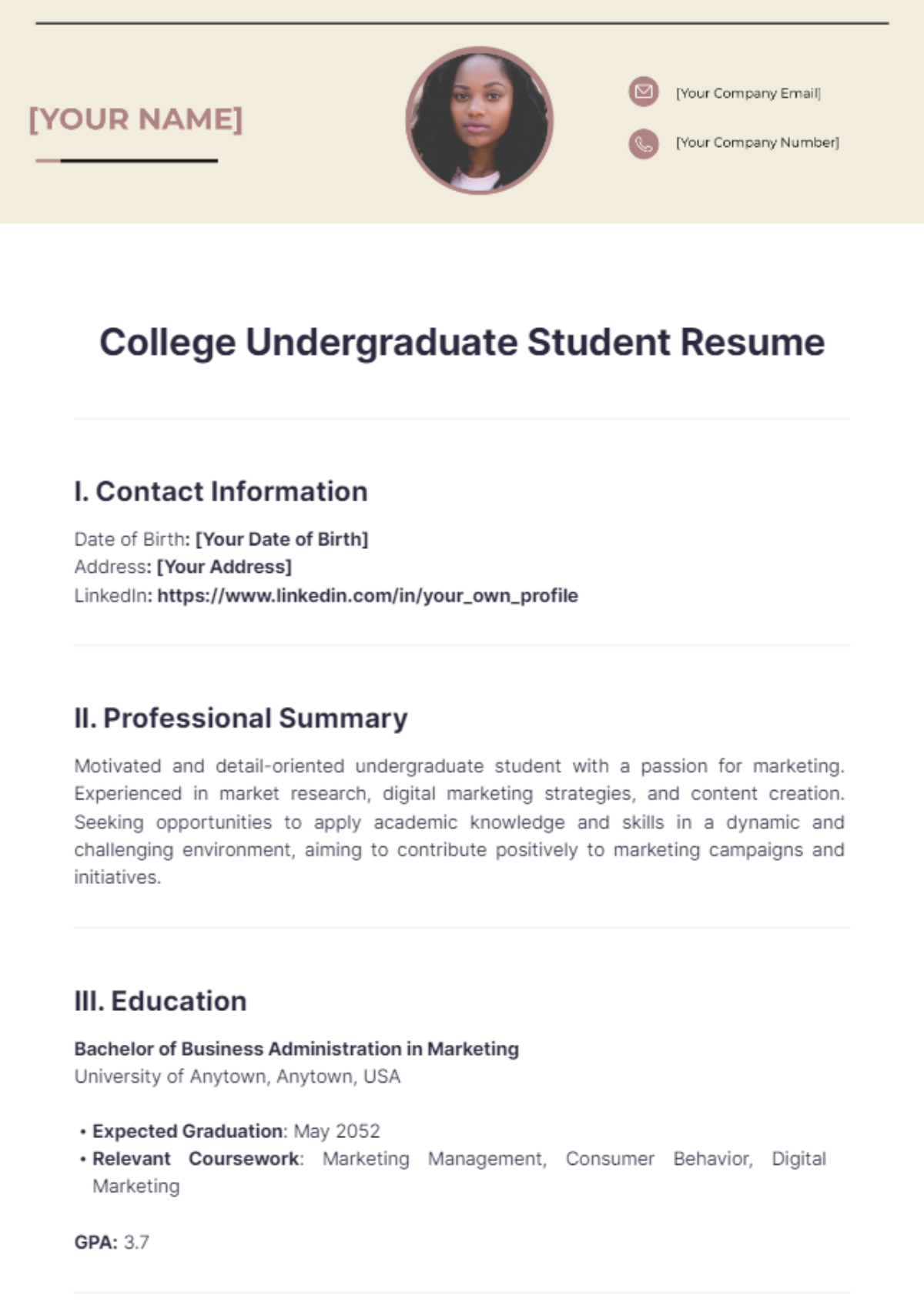 College Undergraduate Student Resume - Edit Online & Download Example ...
