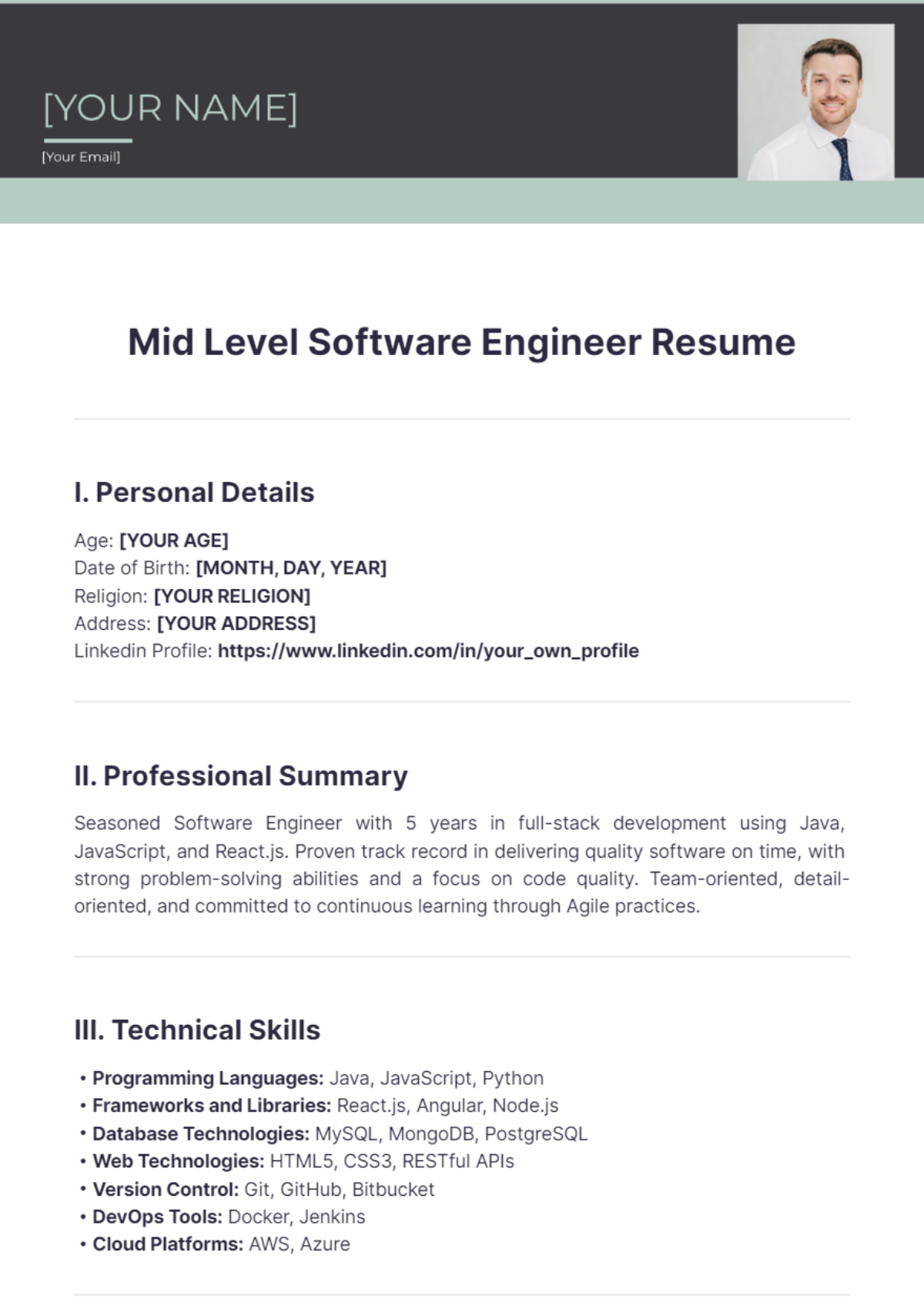 Free ATS Friendly Software Engineer Resume Template To Edit Online
